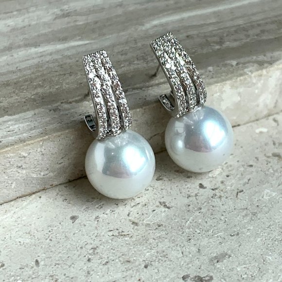 Anthropologie | Jewelry | New Anthropologie Shashi Classique Pave Pearl Silver Hoop Earrings ...